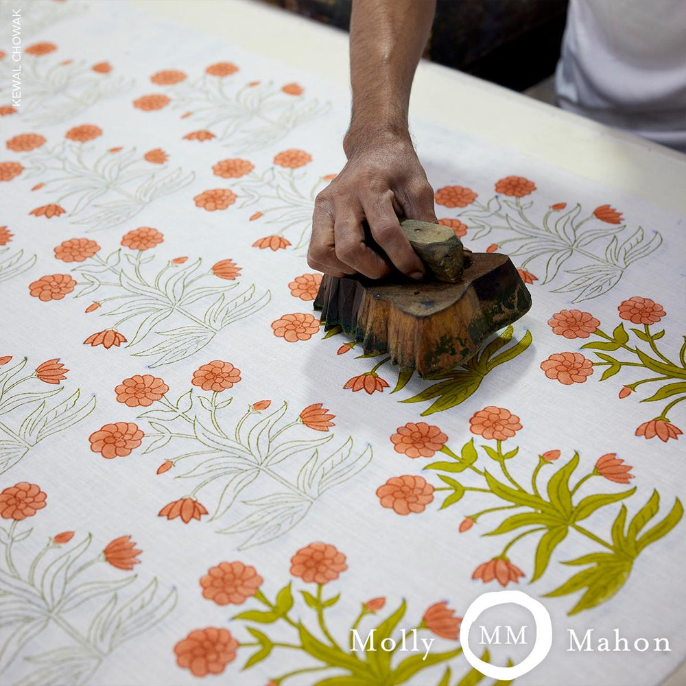 Molly Mahon Mughal Hand Block Print Fabric - Peach Sap Green