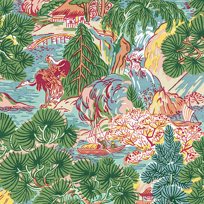 Thibaut Pagoda Trees Fabric - Pink and Green
